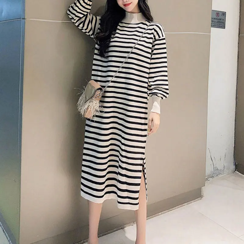 Casual Knitted Half High Collar Midi Dress Autumn Winter Striped Women ...