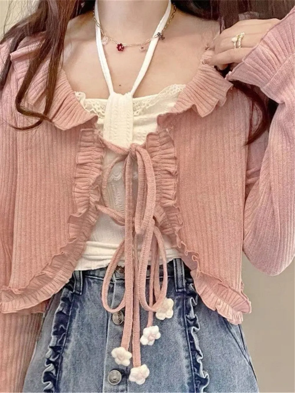 Japanese-Girl-Sweet-Long-Sleeve-Shirts-Women-V-Neck-Lace-Up-Bow-Ruffles ...