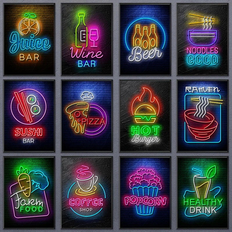 Neon-Food-Sign-Noodles-Burger-Pizza-Sushi-Popcorn-Poster-Print-Canvas ...
