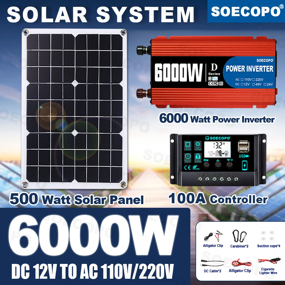 6000W/650W Mini Solar Kit Off-Grid Solar System Panel+Controller+12V to ...