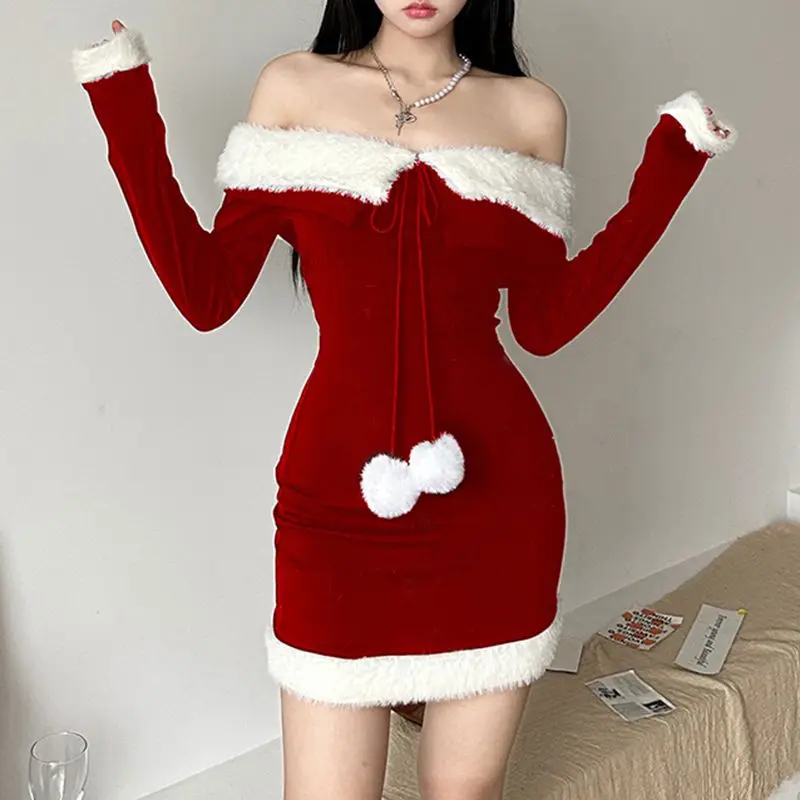 2024-Sexy-Red-Christmas-Dress-Women-Winter-Y2k-Plush-Patchwork-Off-Shoulder-Party-Mini-Dress ...