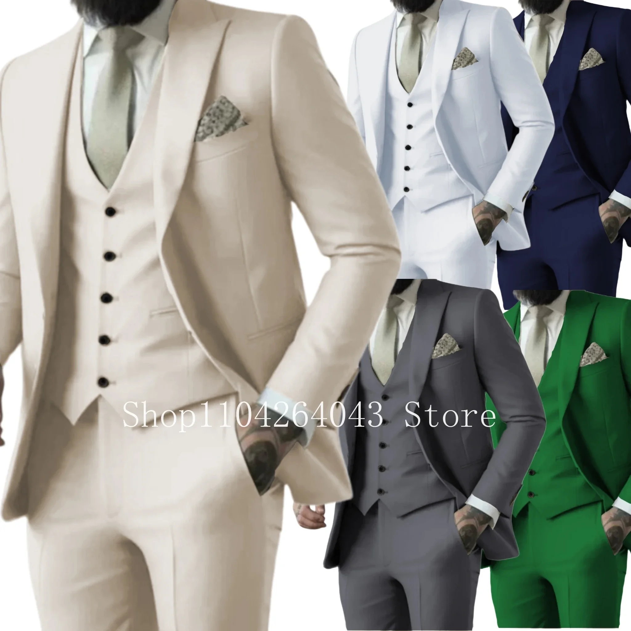 Elegant Men's Suits 3 Pieces Blazer Vest and Pants Peak Lapel Suits for ...