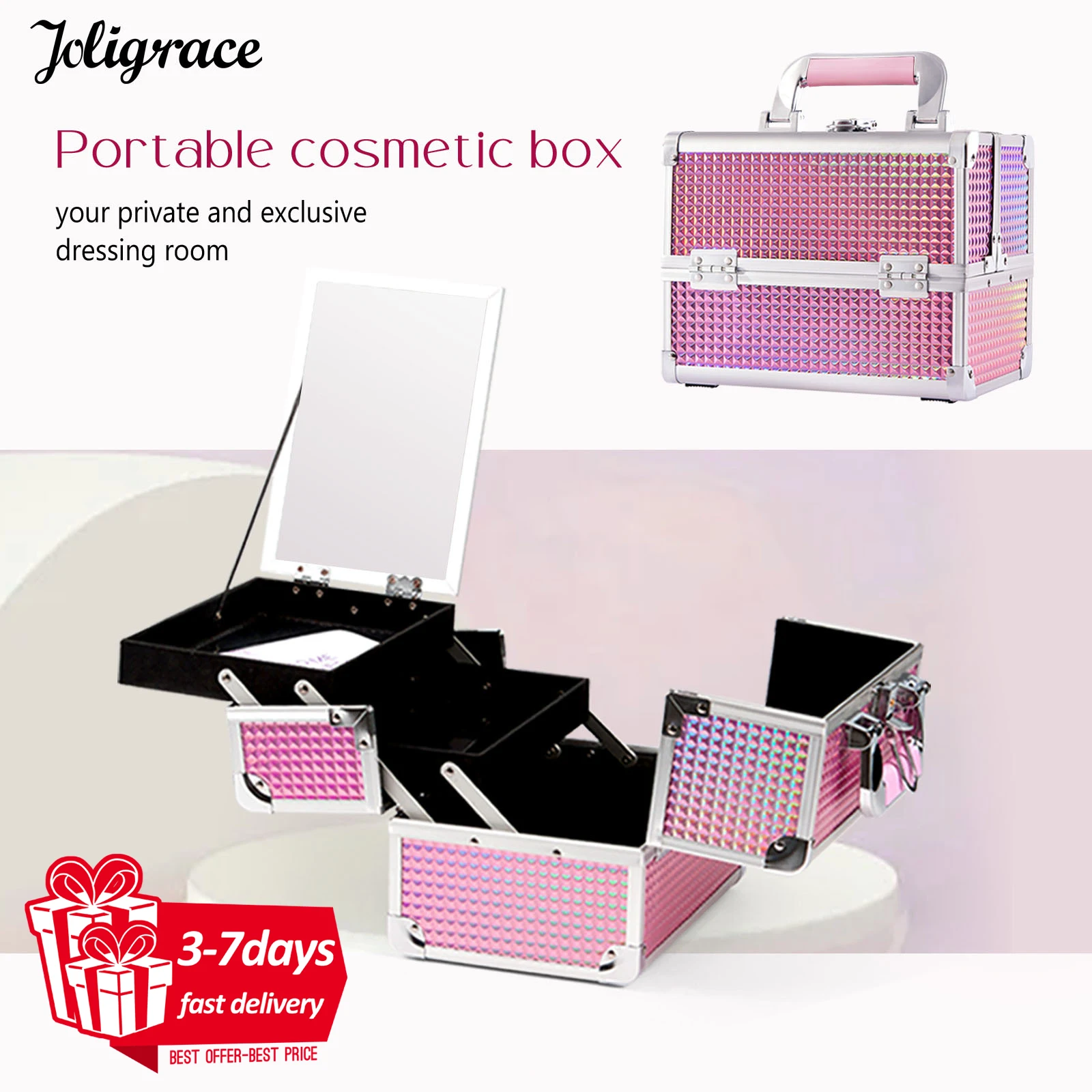 Portable Makeup Case with Mirror 2 Trays Lock Alloy Make-up Suitcase ...