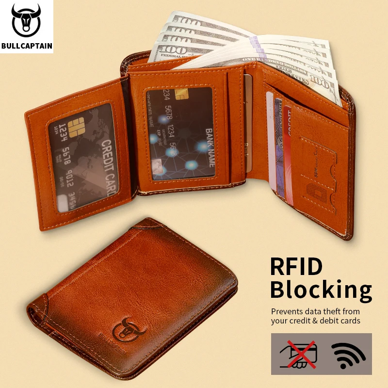 BULLCAPTAIN-Men-s-Genuine-Leather-Wallet-Casual-Retro-Cash-Clip-RFID ...