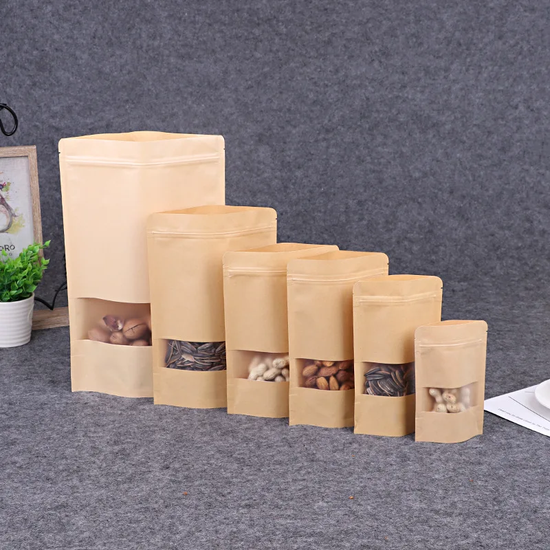 100pcs Kraft Paper Bags Zip Lock Brown With Window Stand Up Resealable ...