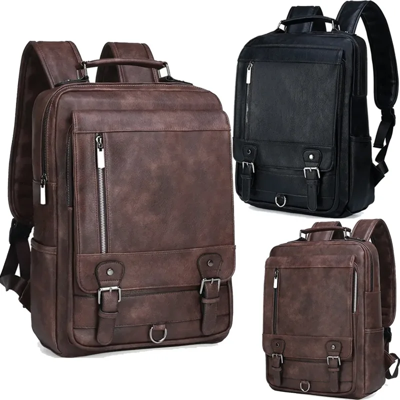 New Men's Fashion Leather Bags Men Backpack Business Male 15.6" Laptop ...