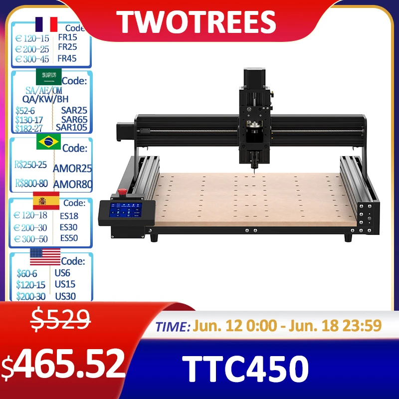 Twotrees máquina de grabado CNC TTC450, módulo CNC de 80W, fresadora de madera PCB, cortador de ...