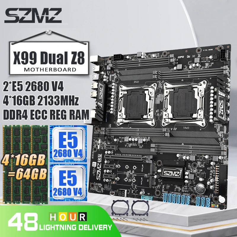 Szmz x99 dupla z8 placa mãe socket lga 2011 3 conjunto com xeon 2 * e5 2680 v4 cpu e 4*16gb ...