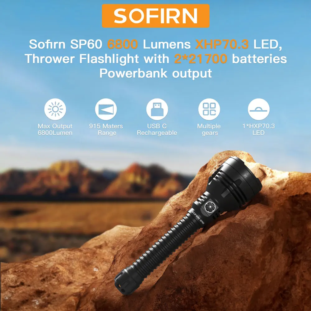 Sofirn SP60 Powerful 6800lm XHP70.3 LED Flashlight USB Type C Rechargeable Torch 21700 Support ...