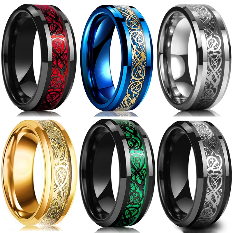 Fashion 8mm Men's Stainless Steel Celtic Dragon Ring Inlay Red Green ...
