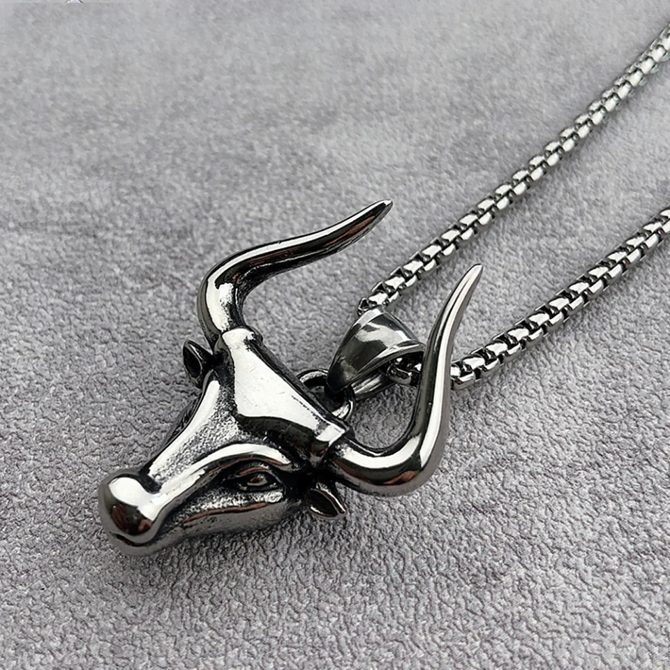 Punk-Vintage-Stainless-Steel-Bullfight-Bull-Head-Pendant-Necklace-For ...