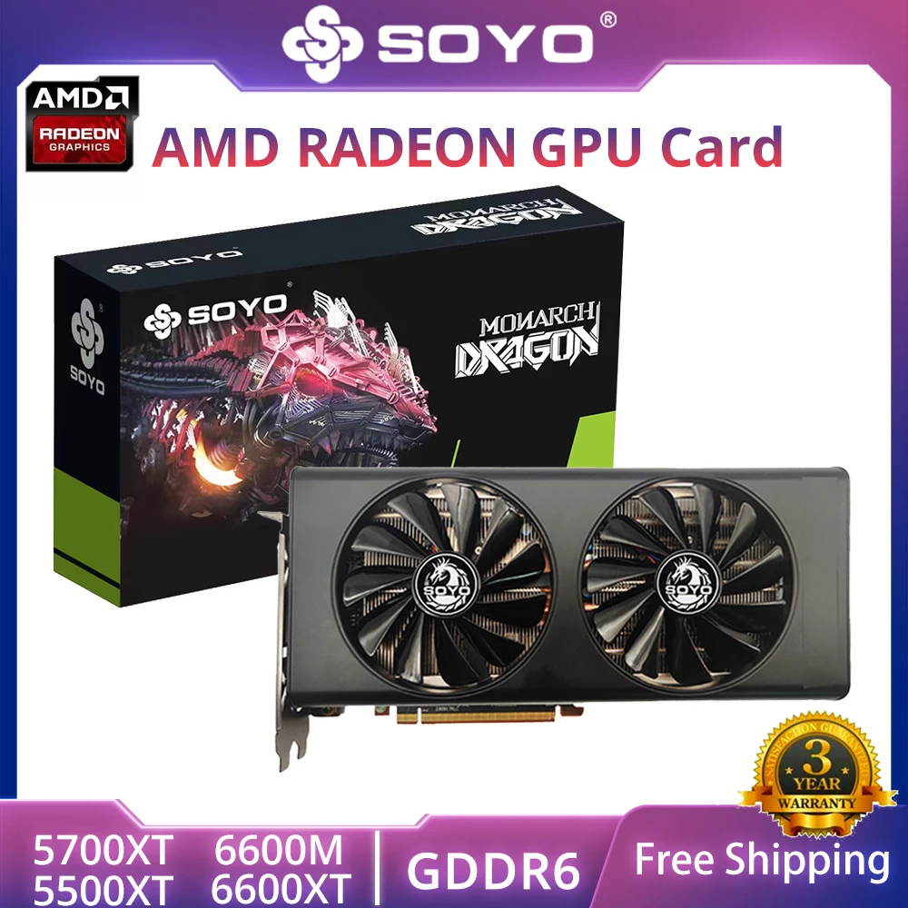 SOYO AMD Radeon RX 5700XT 5500XT 6600XT 6600M GDDR6 비디오 메모리, 8G 그래픽 카드 ...