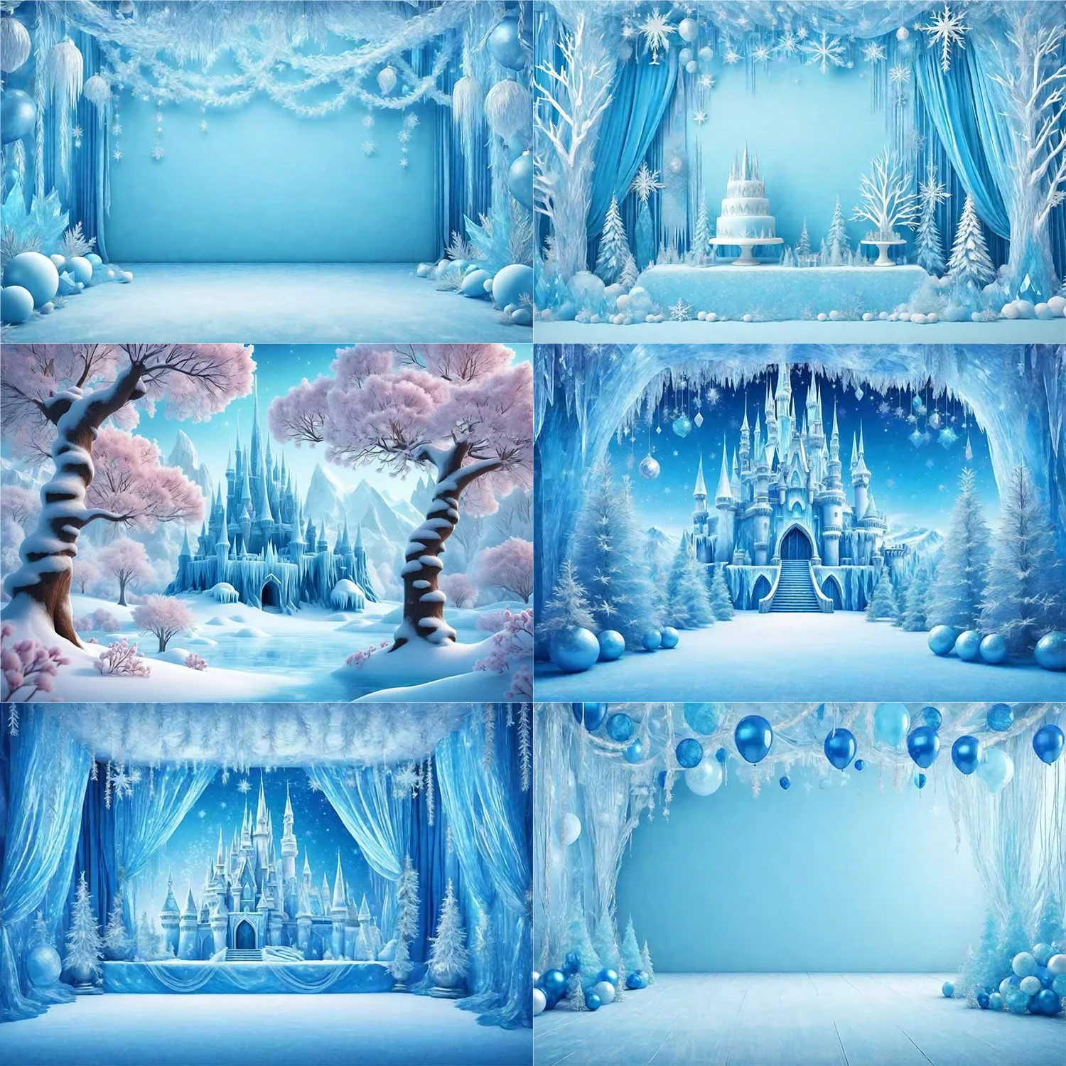 Blue Frozen Castle Theme Photography Background White Curtain Birthday ...