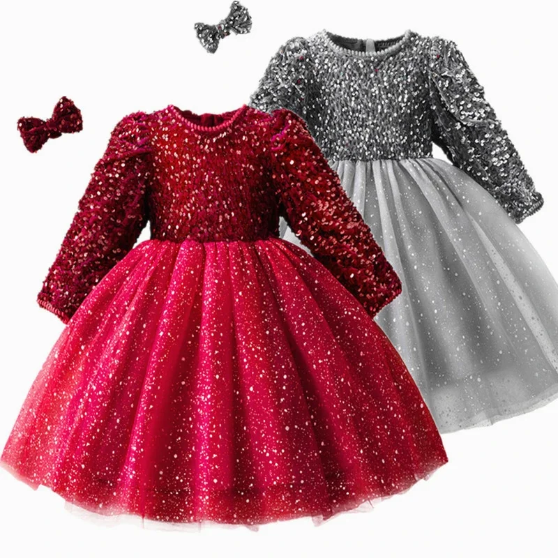 Girls-Sequin-Mesh-Fluffy-Dress-Kids-Red-Christmas-Dresses-Children-Long ...
