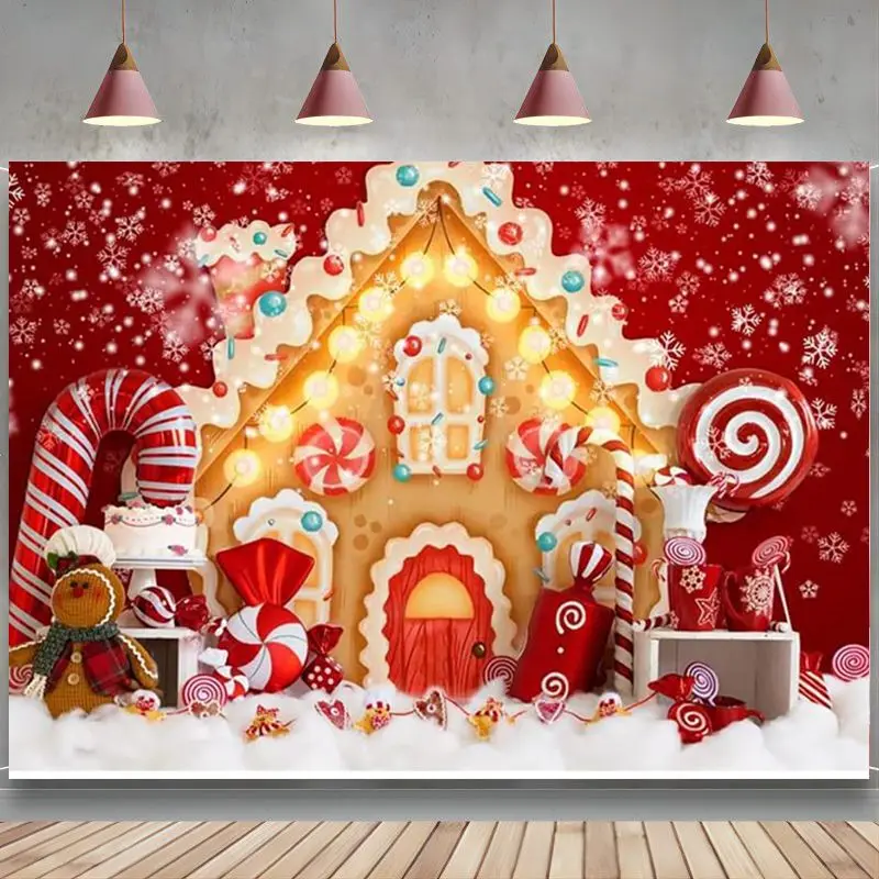 Christmas-Gingerbread-House-Photography-Backdrop-Red-Wall-Snowflake ...
