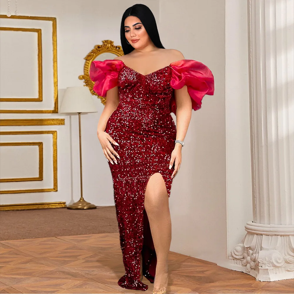 Plus-Size-Sequin-Party-Dress-Female-Puff-Sleeve-Luxury-Dinner-Prom-Lady ...