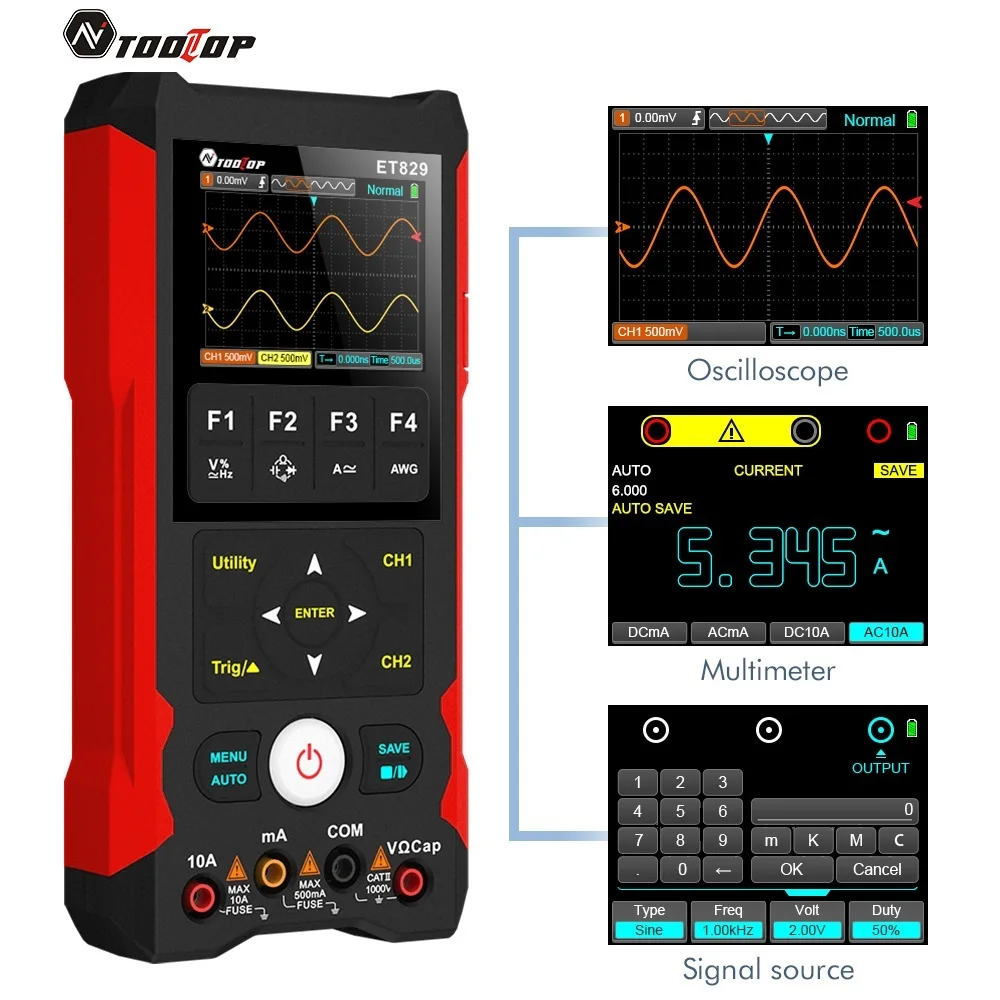Tooltop et829 250msa/s 80mhz digital armazenamento osciloscópio multímetro sinal gerador 3 em 1 ...