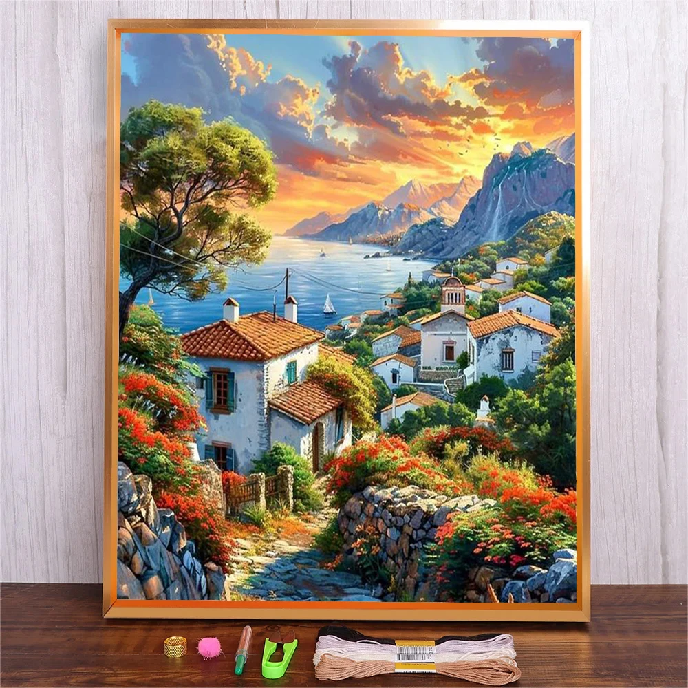 Full-Embroidery-Eco-cotton-Thread-11CT-Printed-Seaside-Town-Cross-Stitch-Kit-40x50-Handicraft ...