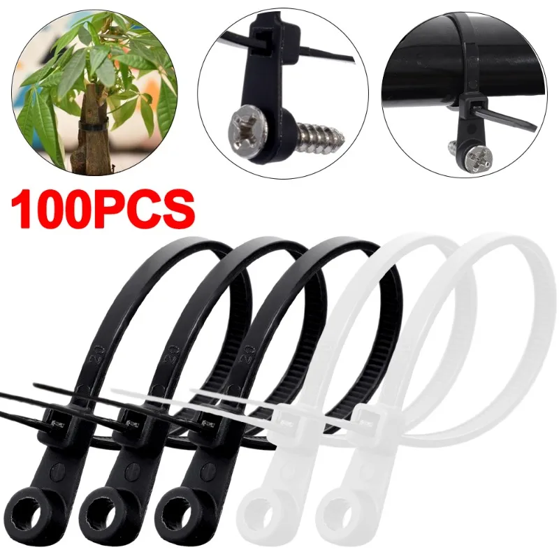 100PCS Nylon Cable Tie Self-locking Plastic Screw Hole Cable Ties Mount ...