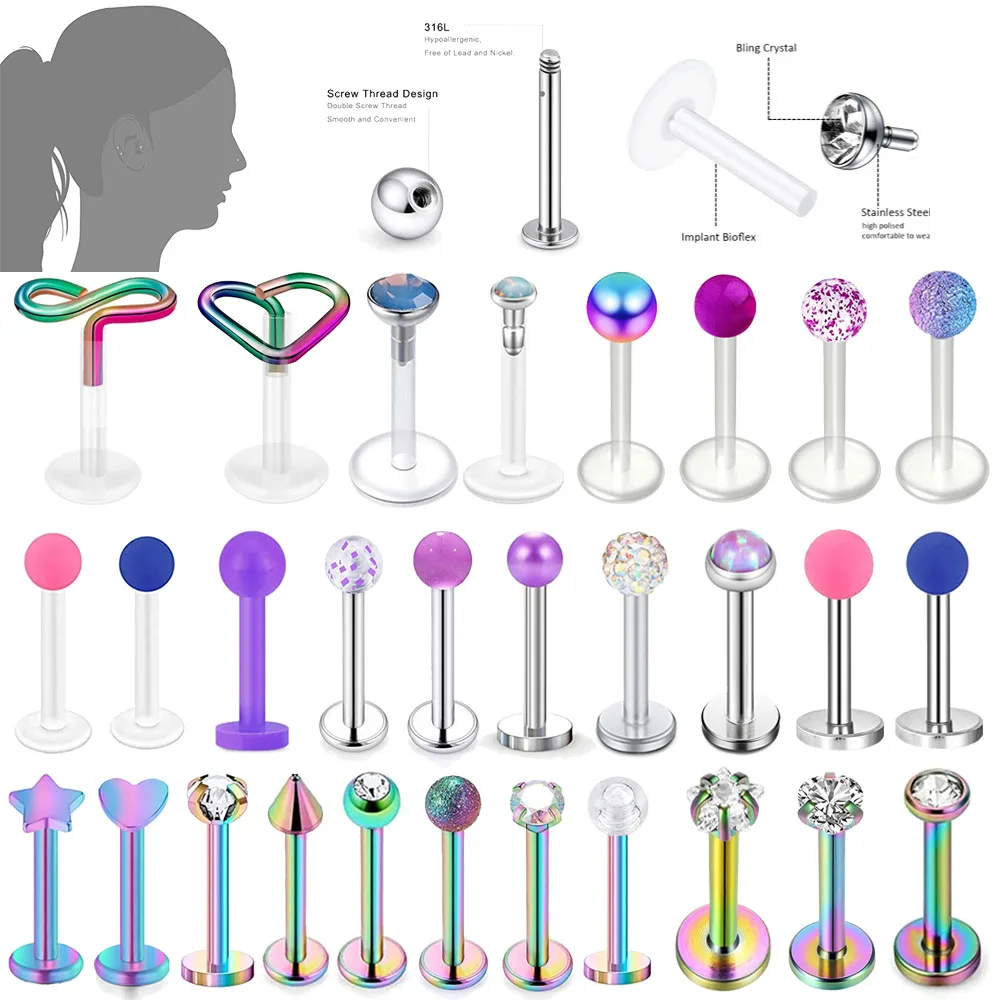 WKOUD-Piercing-Labret-de-labio-de-acero-inoxidable-bola-de-cristal ...