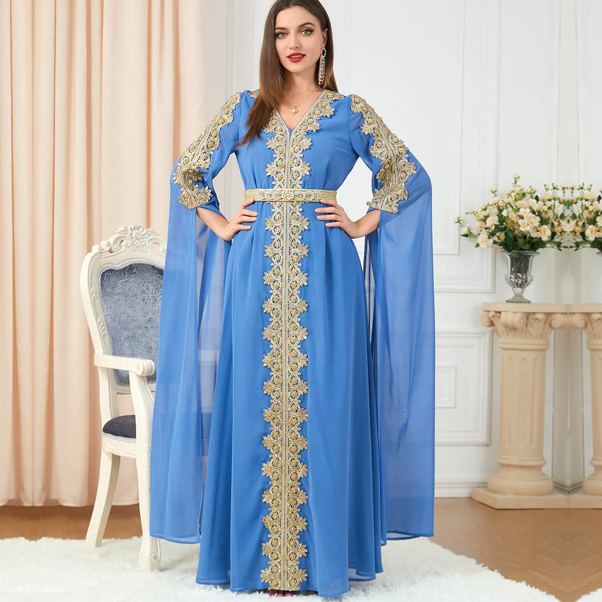 Djellaba Marocaine Two Piece Muslim Dress Chiffon Print Belted Kaftan ...