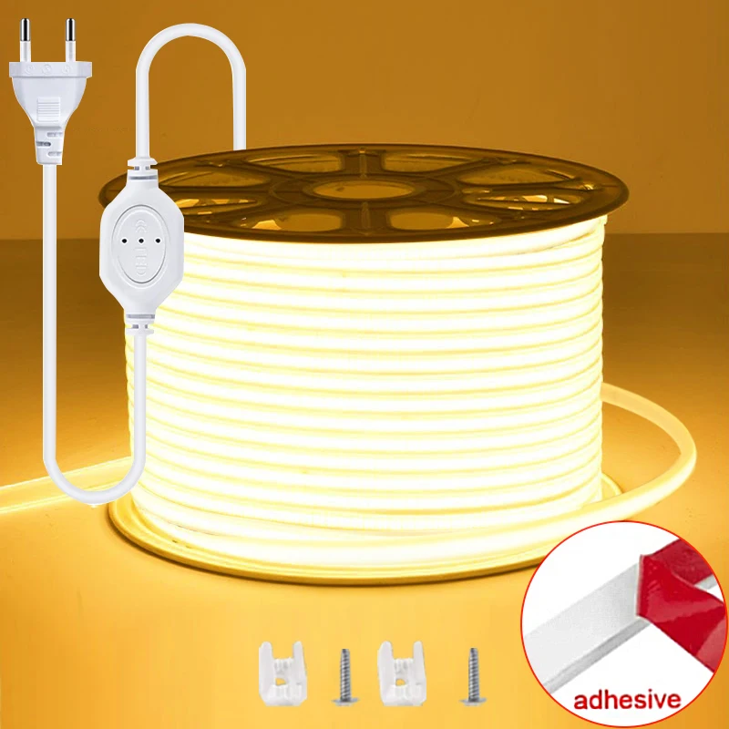 High-Bright-COB-LED-Strip-220v-Adhesive-EU-Plug-COB-Led-Strip-Flexible ...