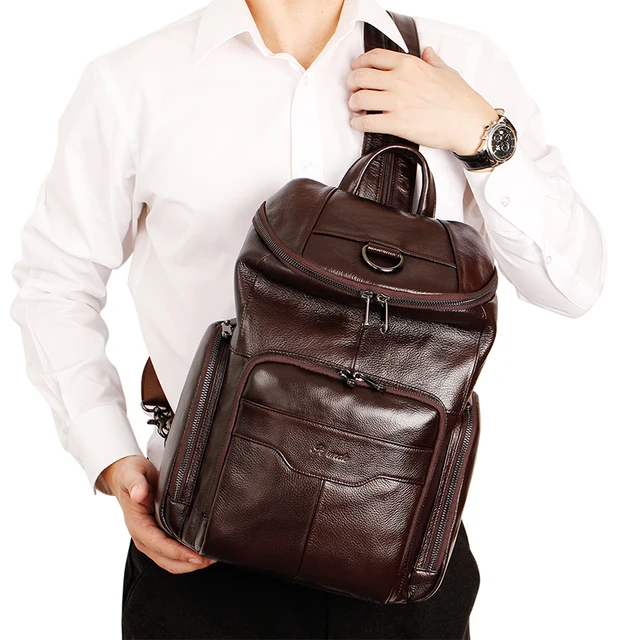 Sac à Dos multifonctionnel en cuir véritable de grande capacité pi ...