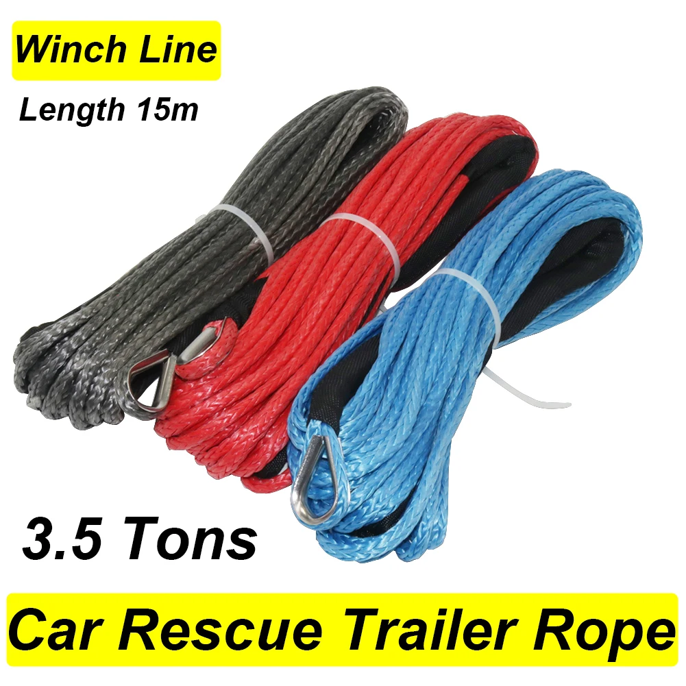 3.5 Tons Tow Rope 15m Winch Traction Rope High Molecular Polyethylene ...