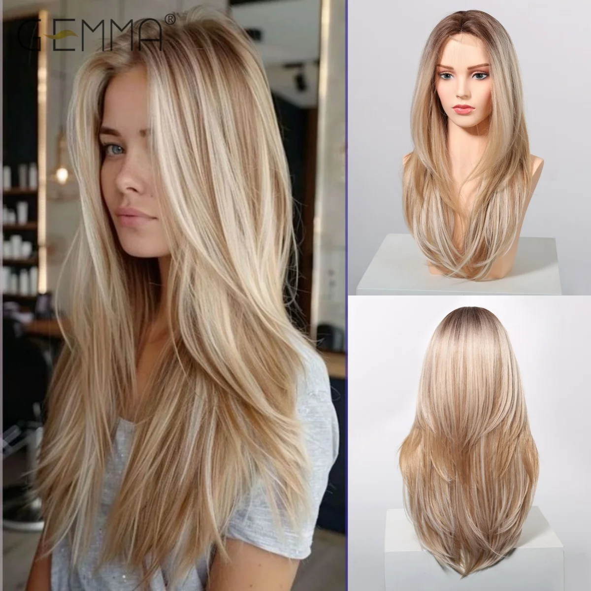 Synthetic-Hairline-Lace-Wig-Ombre-Golden-Blonde-Medium-Straight-Layered ...