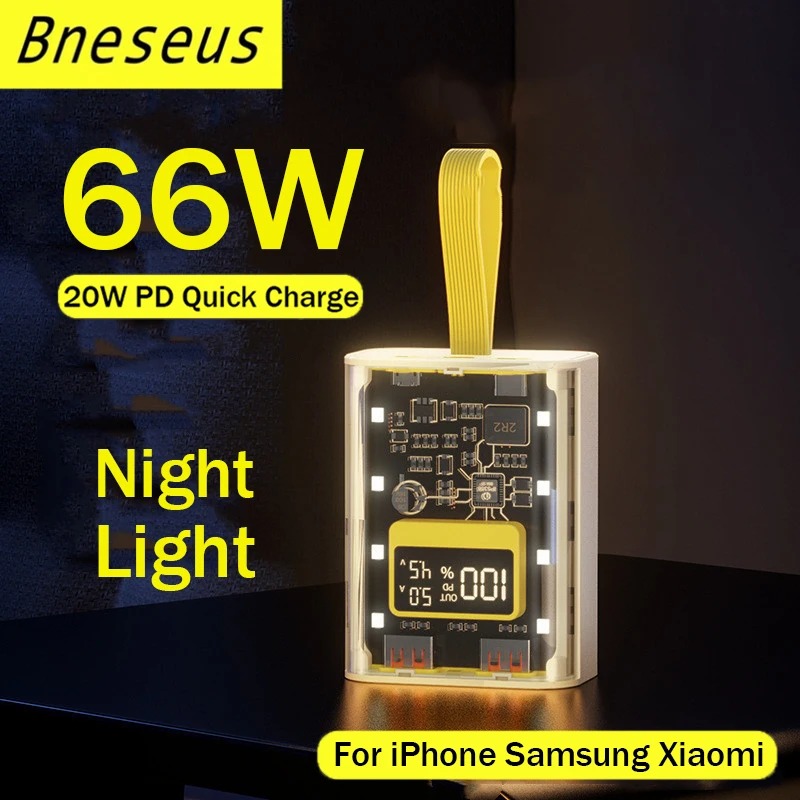 66W Transparent Power Bank with Cables, Super Fast Charging, External ...