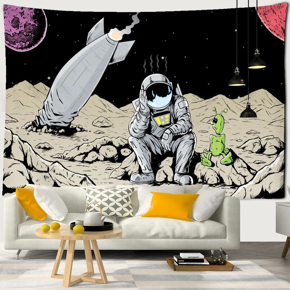 Cartoon-Astronaut-And-Alien-Tapestry-Wall-Hanging-Kawaii-Universe ...