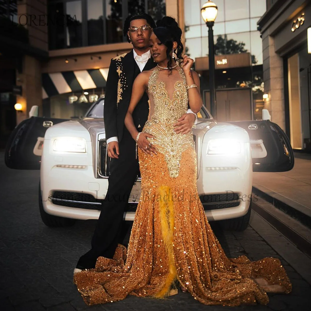 Sparkly-Gold-Prom-Dresses-2024-Crystal-Beaded-Front-Split-Feather ...