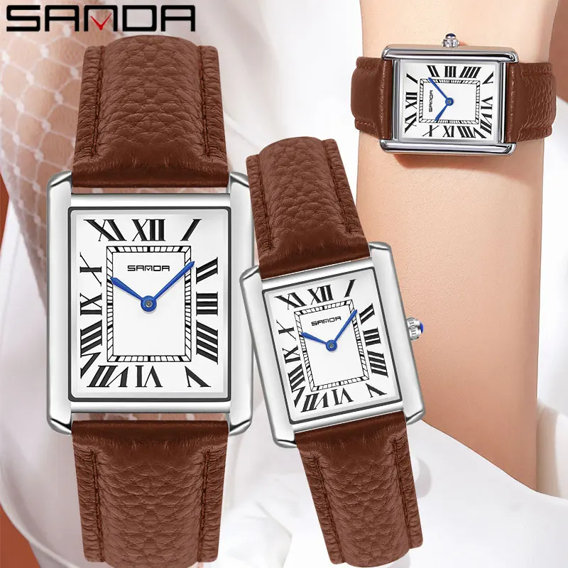 SANDA Men Women Quartz Watch Roman Numeral Square Stainless Steel ...