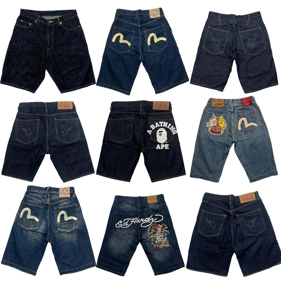 Y2k Gothic Black Denim Shorts für Männer Mode Ästhetik Muster druck ...