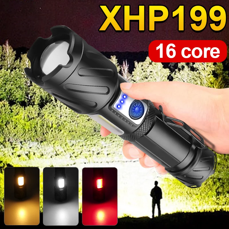 최신 XHP199 LED 강력한 손전등 USB 충전식 전술 플래시 라이트 18650 사냥 토치 Zoomable 높은 전원 LED ...