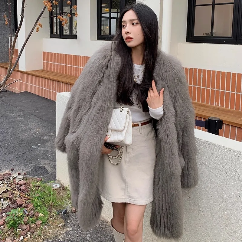 Encrypted thickened fox fur double-sided woven fur coat long coat ...