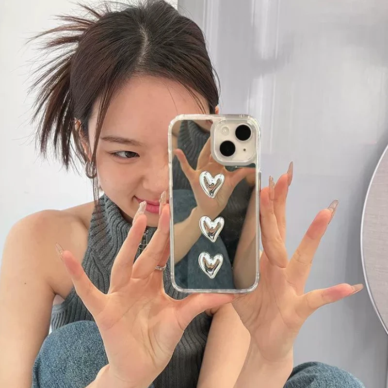 INS-Korean-Cute-Y2K-Heart-Silver-Mirror-Phone-Case-For-iPhone-14-13-12 ...
