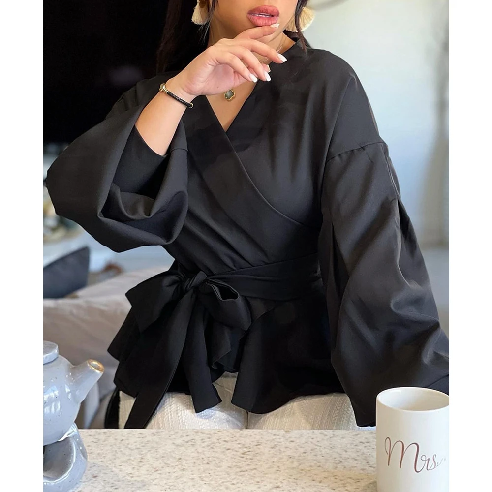 Wepbel-Casual-Shirts-Top-Lace-Up-Solid-Color-Sexy-Cross-Wrap-Blouses ...