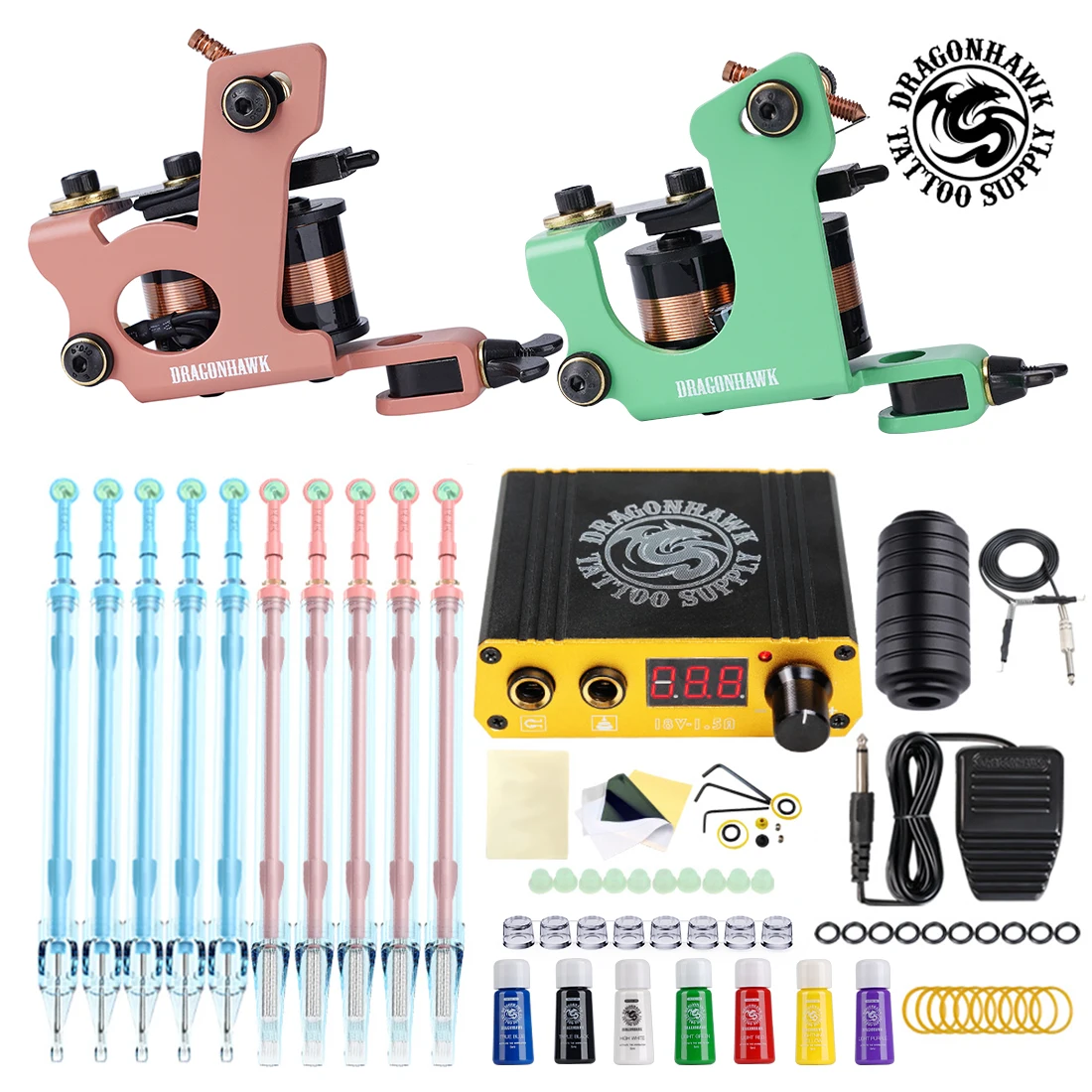 Complete Tattoo Kit Coil Machines Pink and Green Gun Ink Set Power ...