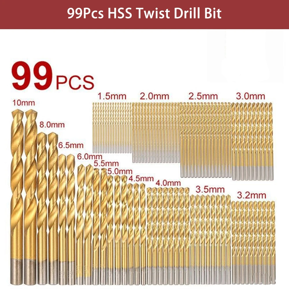 60/99Pcs 1.5-10mm Titanium Coated Twist Drill Bits High Speed Steel ...