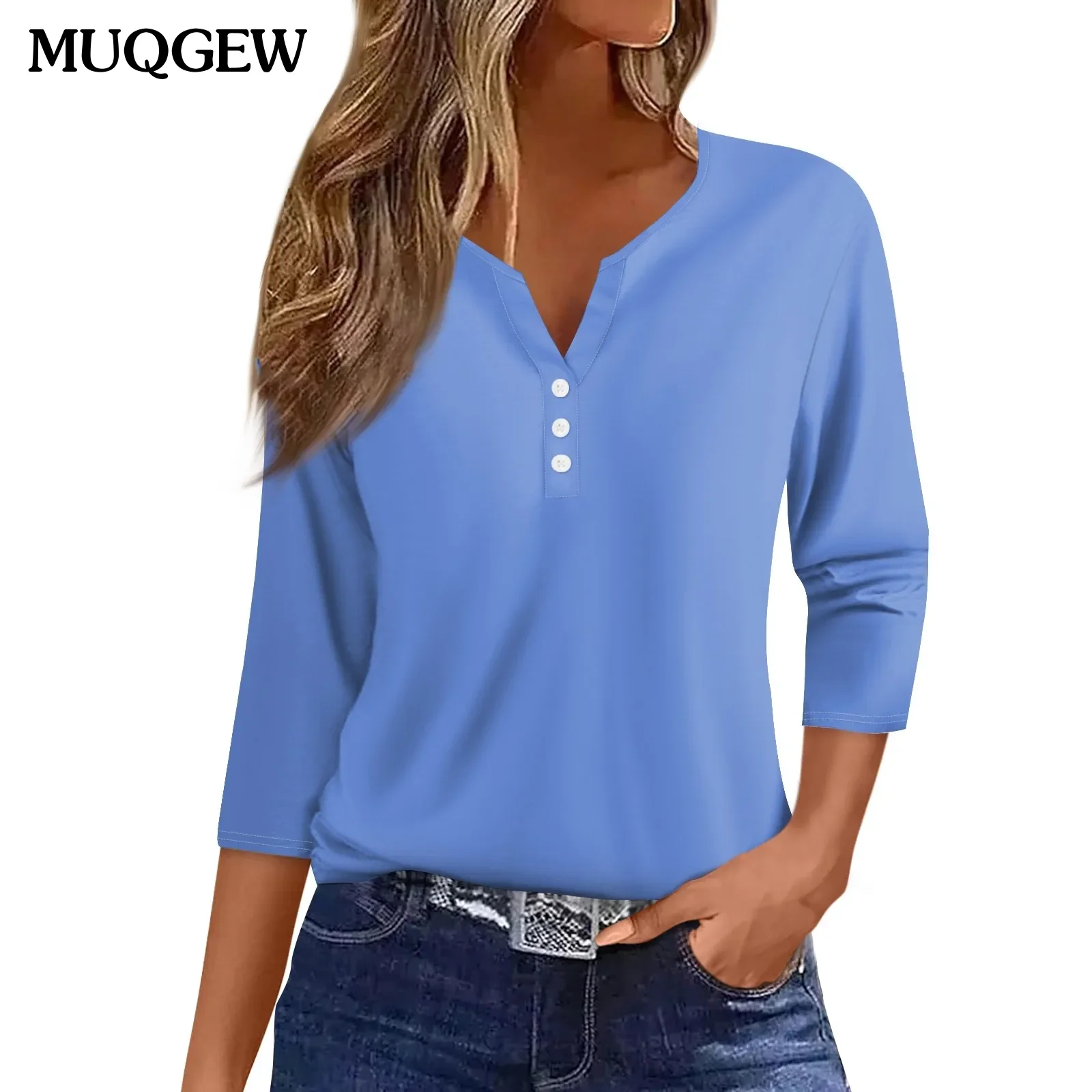 Women-Solid-Color-T-Shirts-Summer-3-4-Sleeve-V-Neck-Buttons-Blouse ...