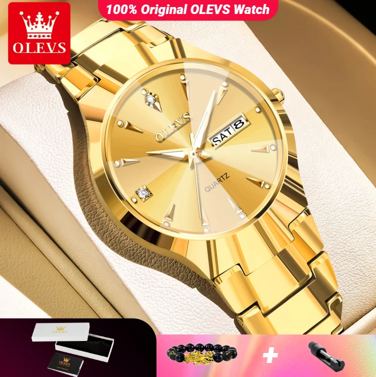 OLEVS 8697 Gold Tungsten steel Luxury Watch Automatic Date Waterproof ...