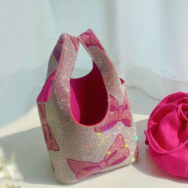 Sweet Pink Bow New Women's Bags Rhinestone Shiny Totes Bags Shoulder ...