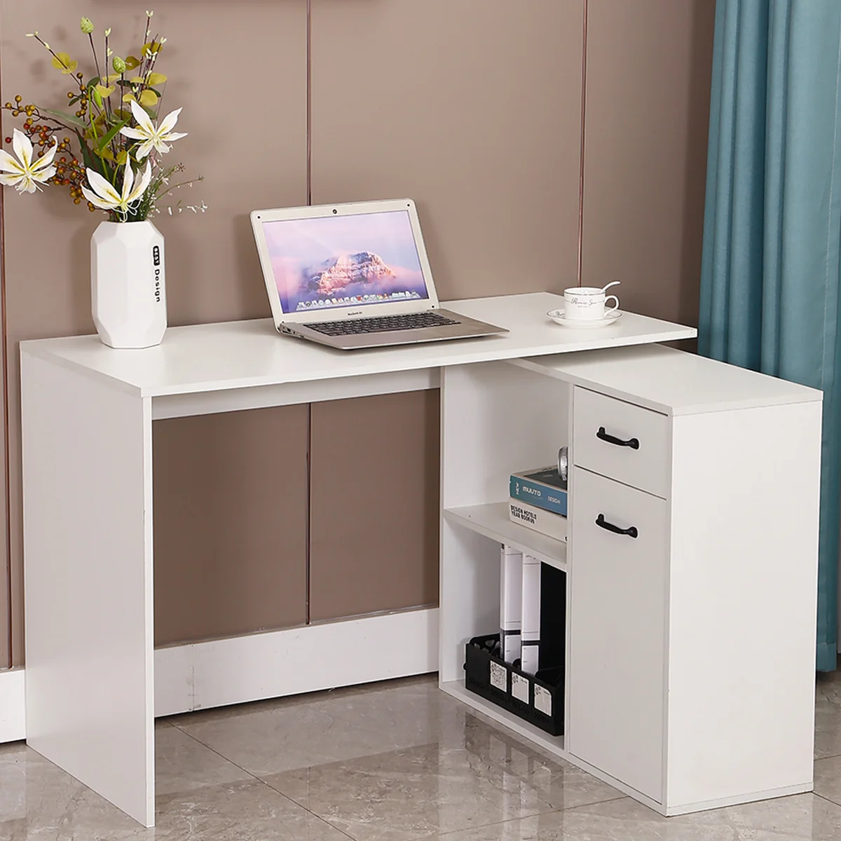 68 inch L-Shaped Rotating Computer Desk with Storage Shelves Modern ...
