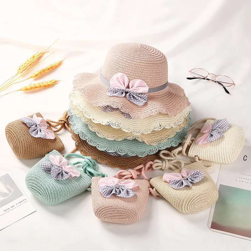 Girls-Straw-Hat-Set-Tourism-Sun-Hat-Flower-Children-Sun-Hat-and-Bag-Set ...
