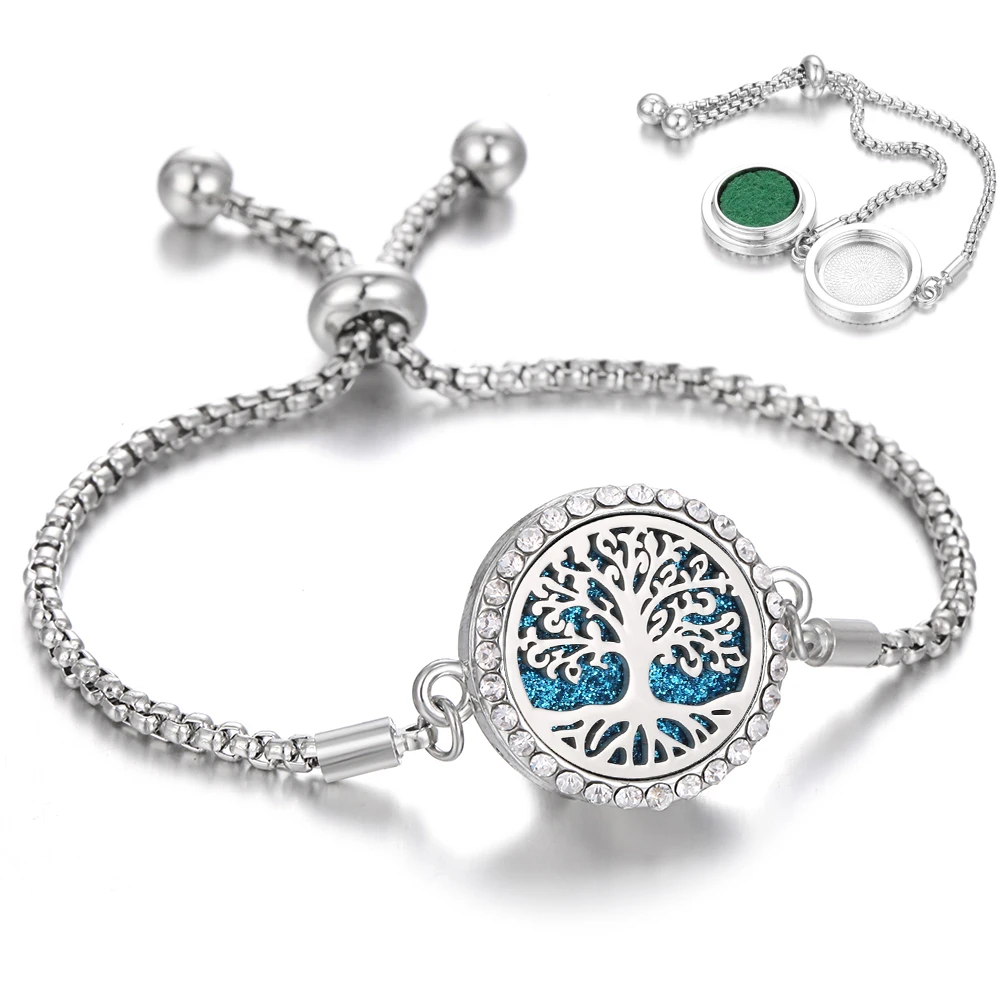 New Aromatherapy Bracelet Women Stainless Steel Aroma Bracelet Rhinestone Tree of Life Perfume ...