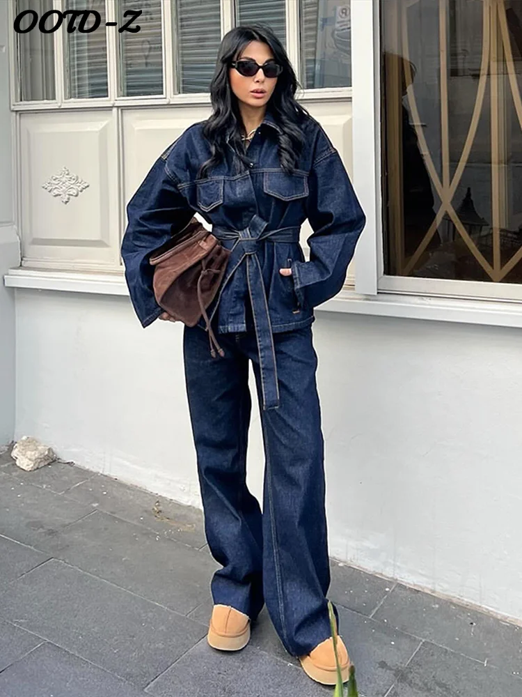 Denim Fashion Belt Coat Pants Sets Women Spliced Lapel Single Breasted ...