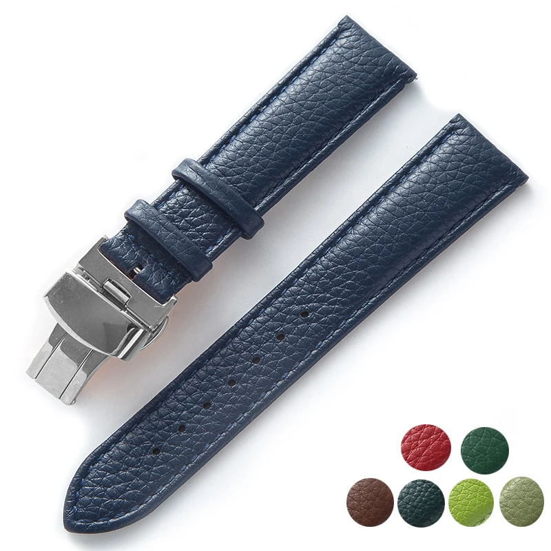 Genuine Leather Strap Litchi Pattern Soft Leather Butterfly Buckle ...