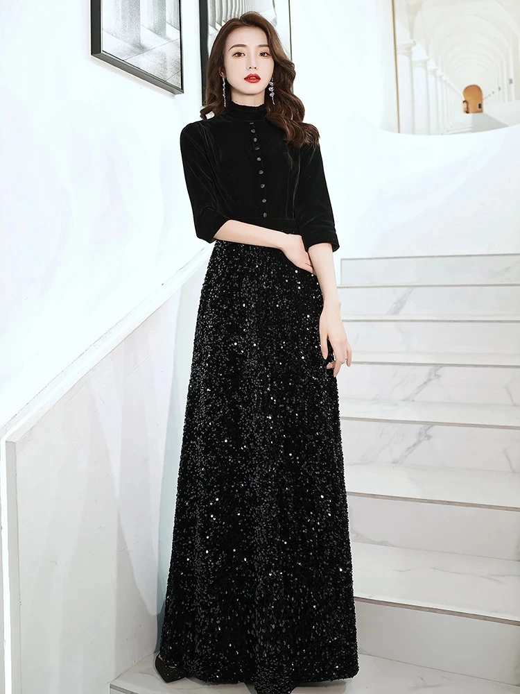 Black-Velvet-Modest-Evening-Dresses-Elegant-High-Neck-Floor-Length ...