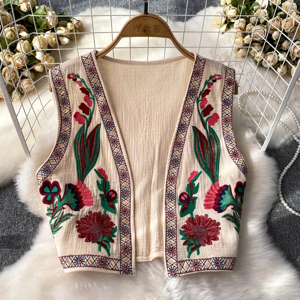 Ethnic Style Vest Women V-neck Embroidery Floral Sleeveless Waistcoat ...
